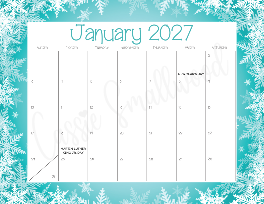 Printable 2027 Monthly Calendar With Holidays – Cassie Smallwood