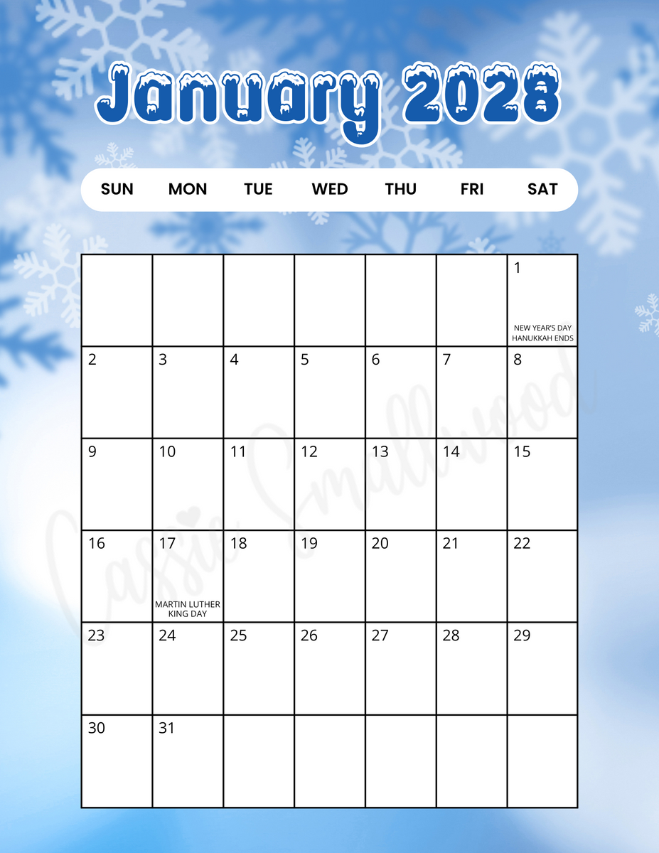 Printable 2028 Monthly Calendar With Holidays (Portrait Orientation ...