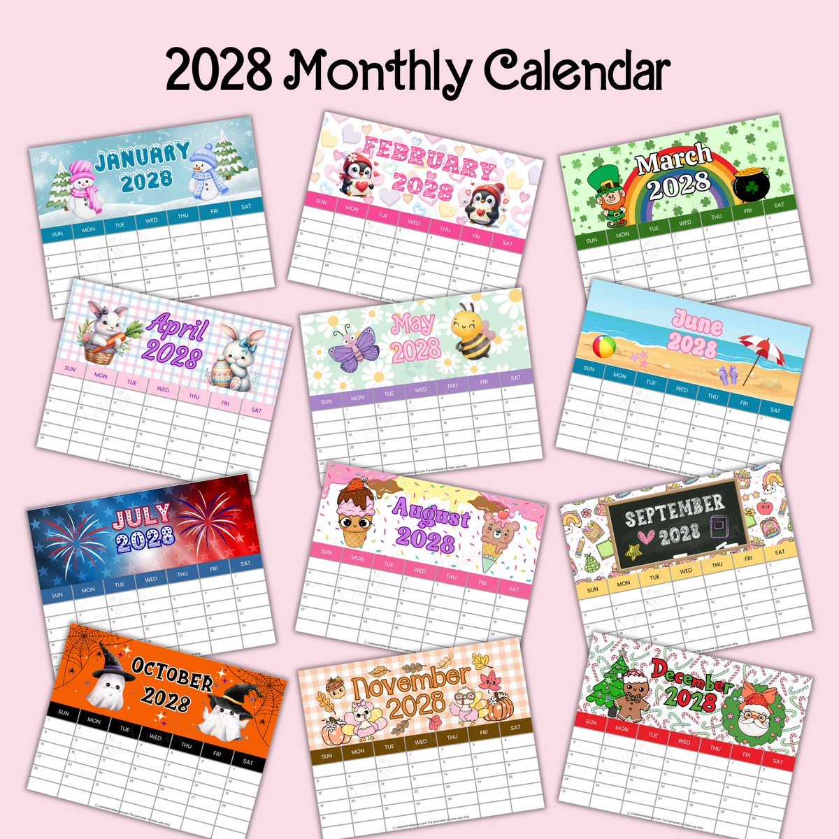 Printable 2028 Monthly Calendar (No Holidays) – Cassie Smallwood