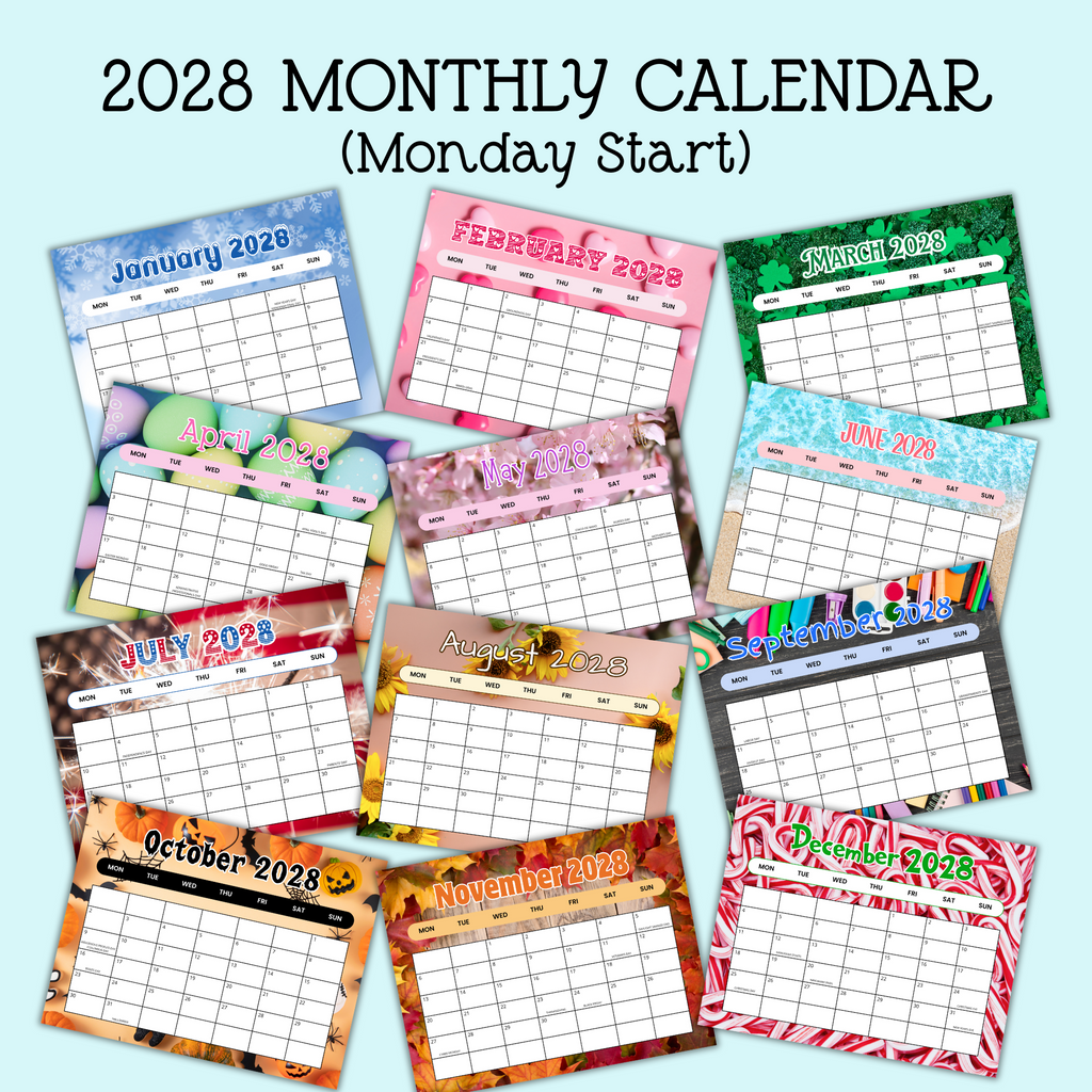 Printable 2028 Monthly Calendar With Holidays (Monday Start) – Cassie ...