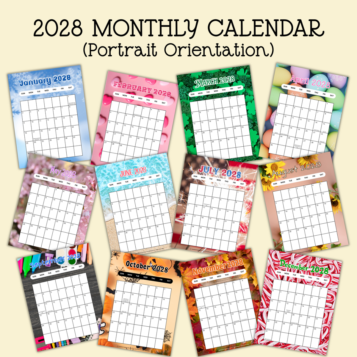 Printable 2028 Monthly Calendar With Holidays (Portrait Orientation ...