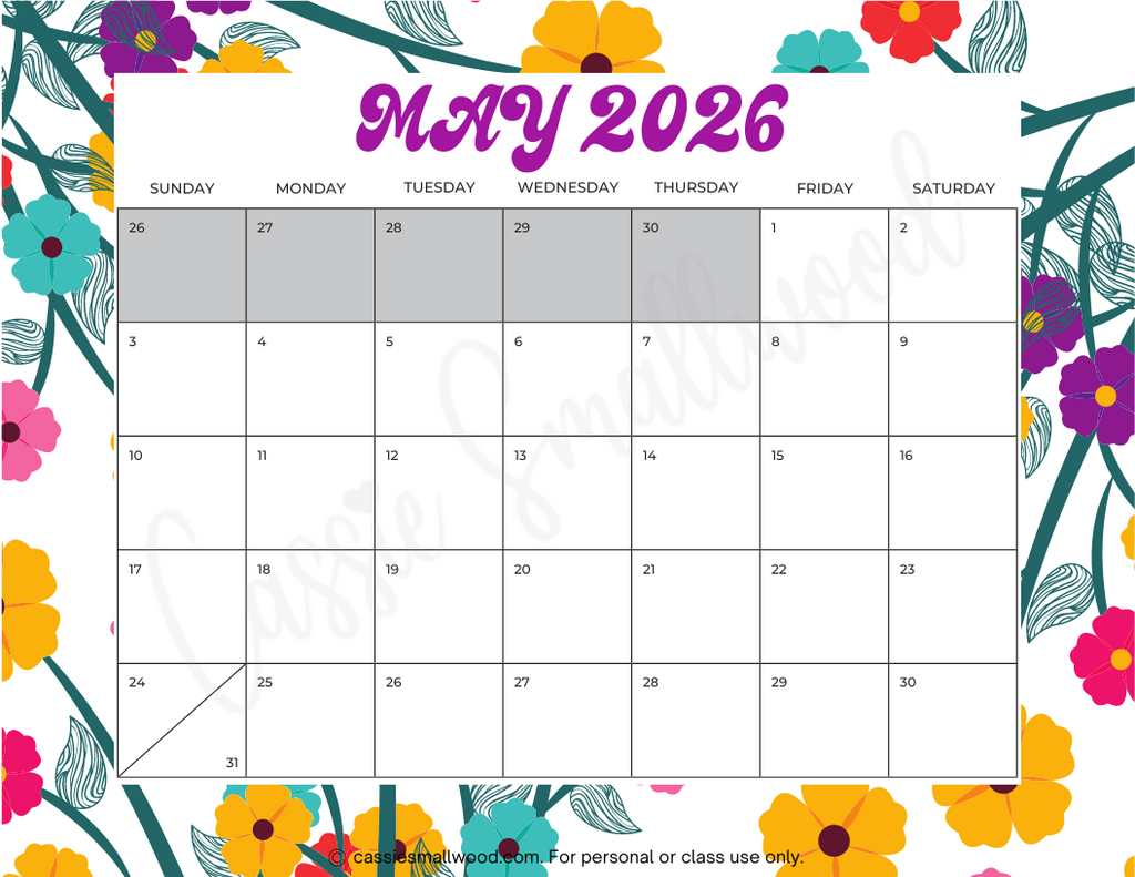 Cute Printable 2026 Monthly Calendar With Holidays & Without – Cassie ...