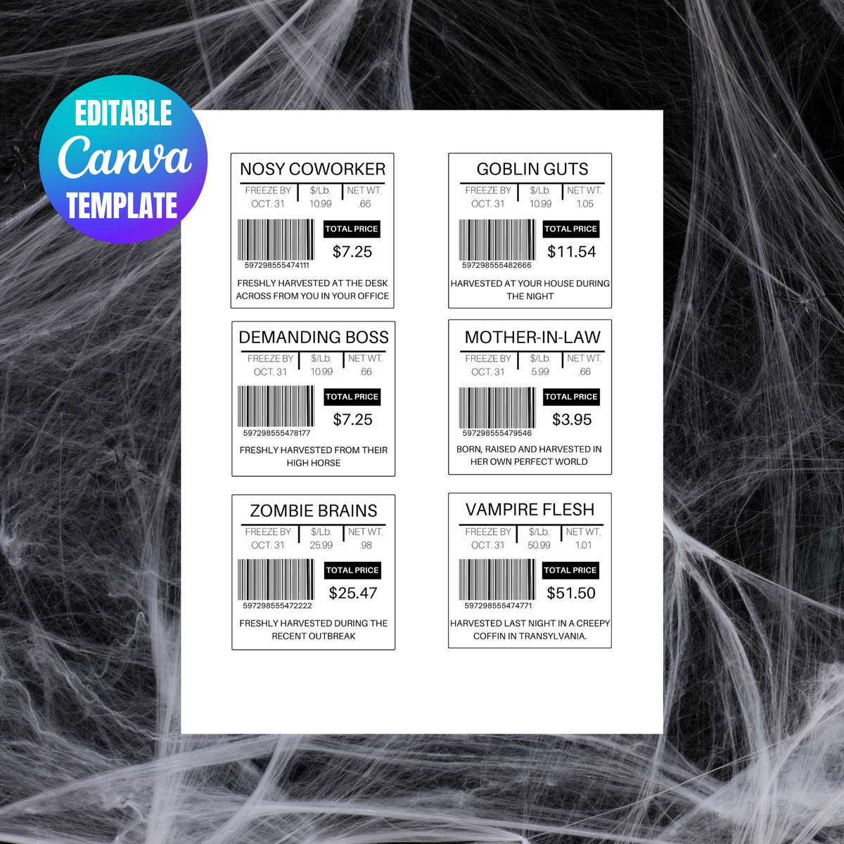 Editable Halloween Meat Labels Template For Raw Meat Rice Krispies ...