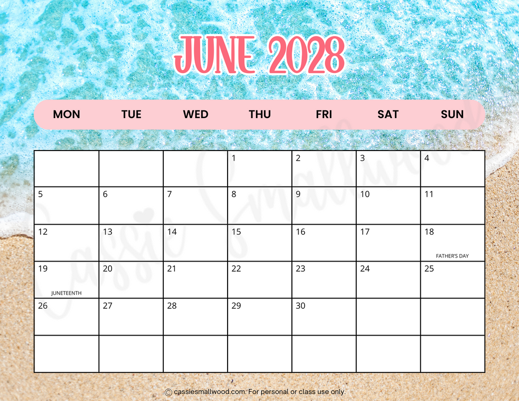 Printable 2028 Monthly Calendar With Holidays (Monday Start) – Cassie ...