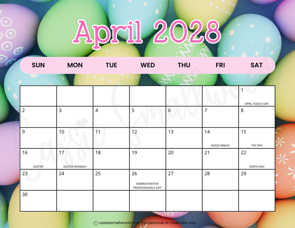 Printable 2028 Monthly Calendar With Holidays (Landscape Sunday Start ...
