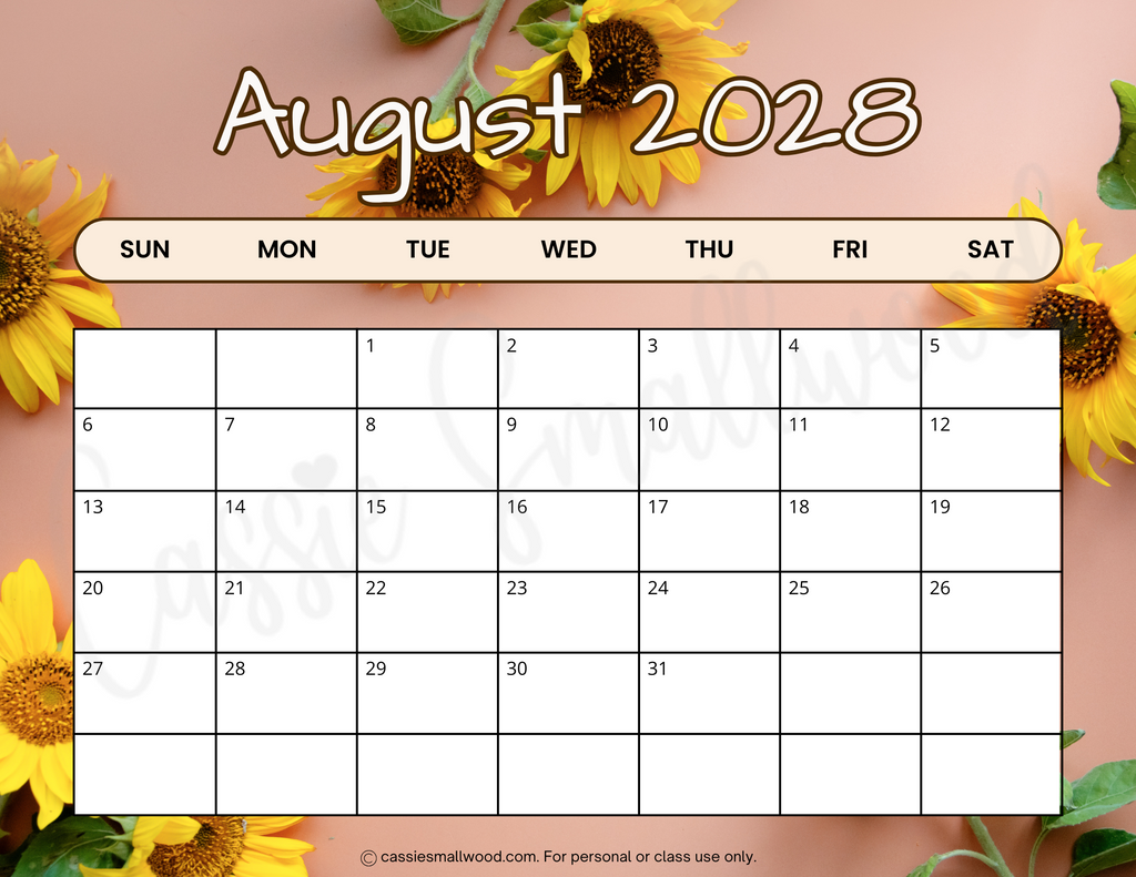 Printable 2028 Monthly Calendar With Holidays (Landscape Sunday Start ...