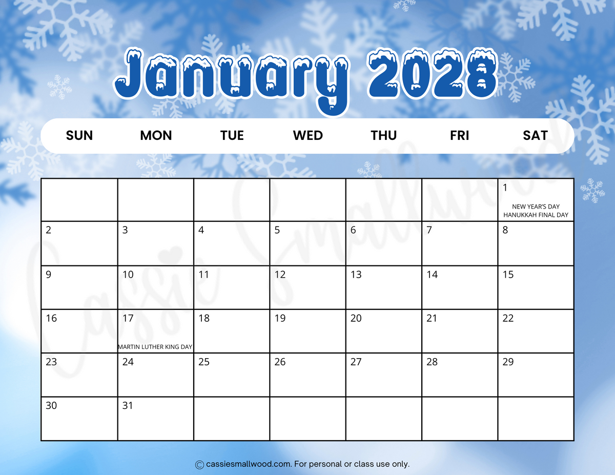 Printable 2028 Monthly Calendar With Holidays (Landscape Sunday Start ...