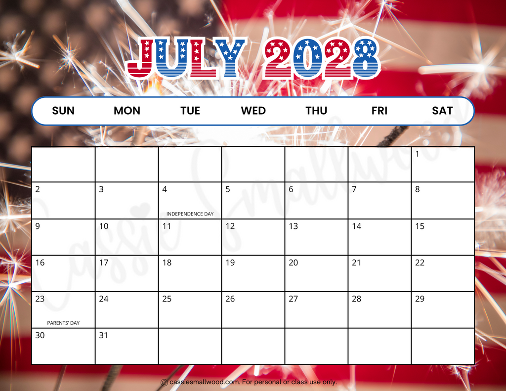 Printable 2028 Monthly Calendar With Holidays (Landscape Sunday Start ...