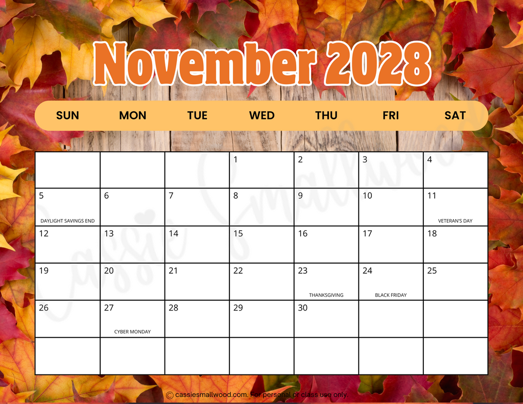 Printable 2028 Monthly Calendar With Holidays (Landscape Sunday Start ...