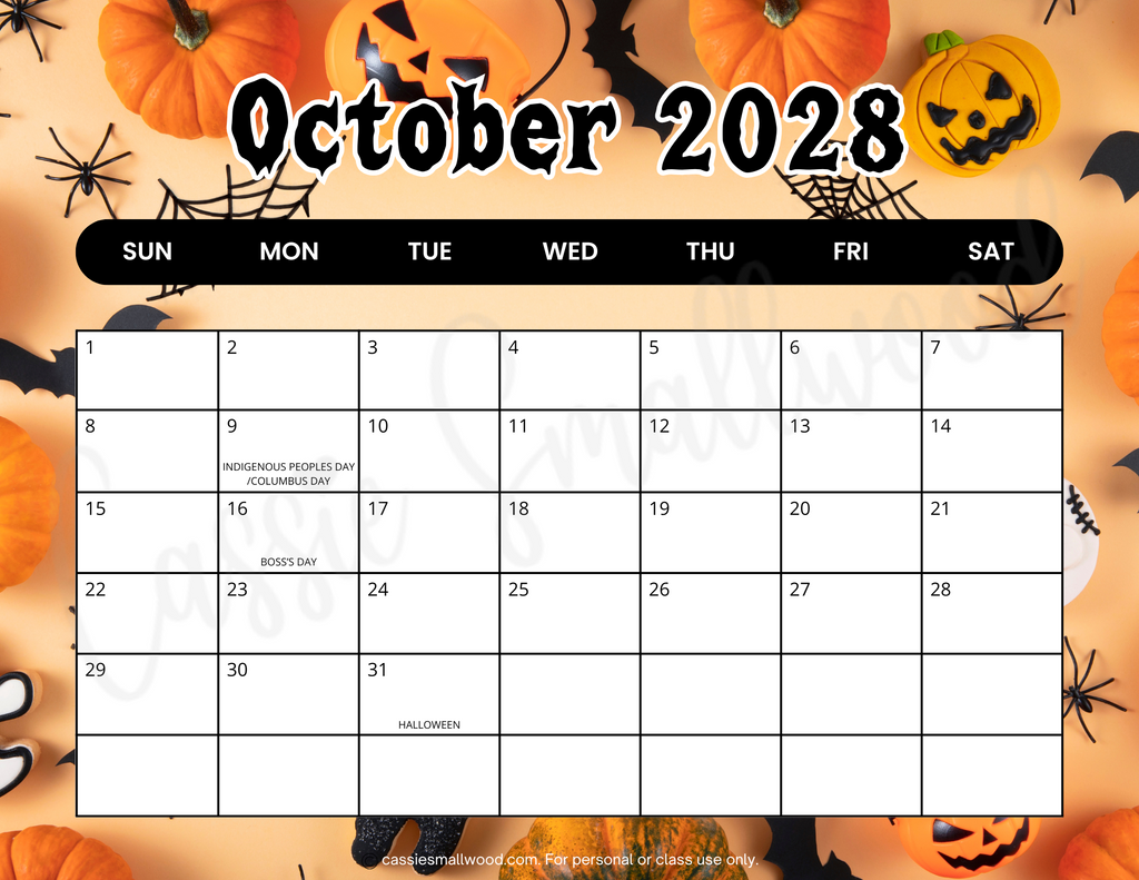 Printable 2028 Monthly Calendar With Holidays (Landscape Sunday Start ...