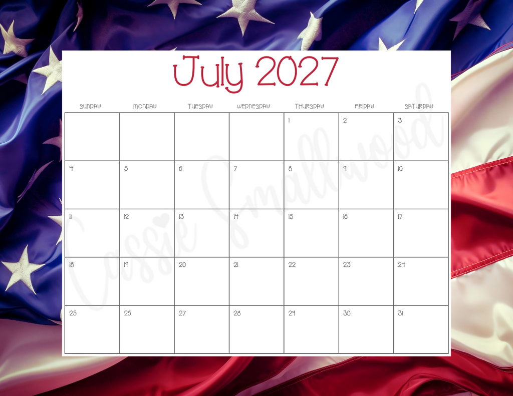 Printable 2027 Monthly Calendar – Cassie Smallwood