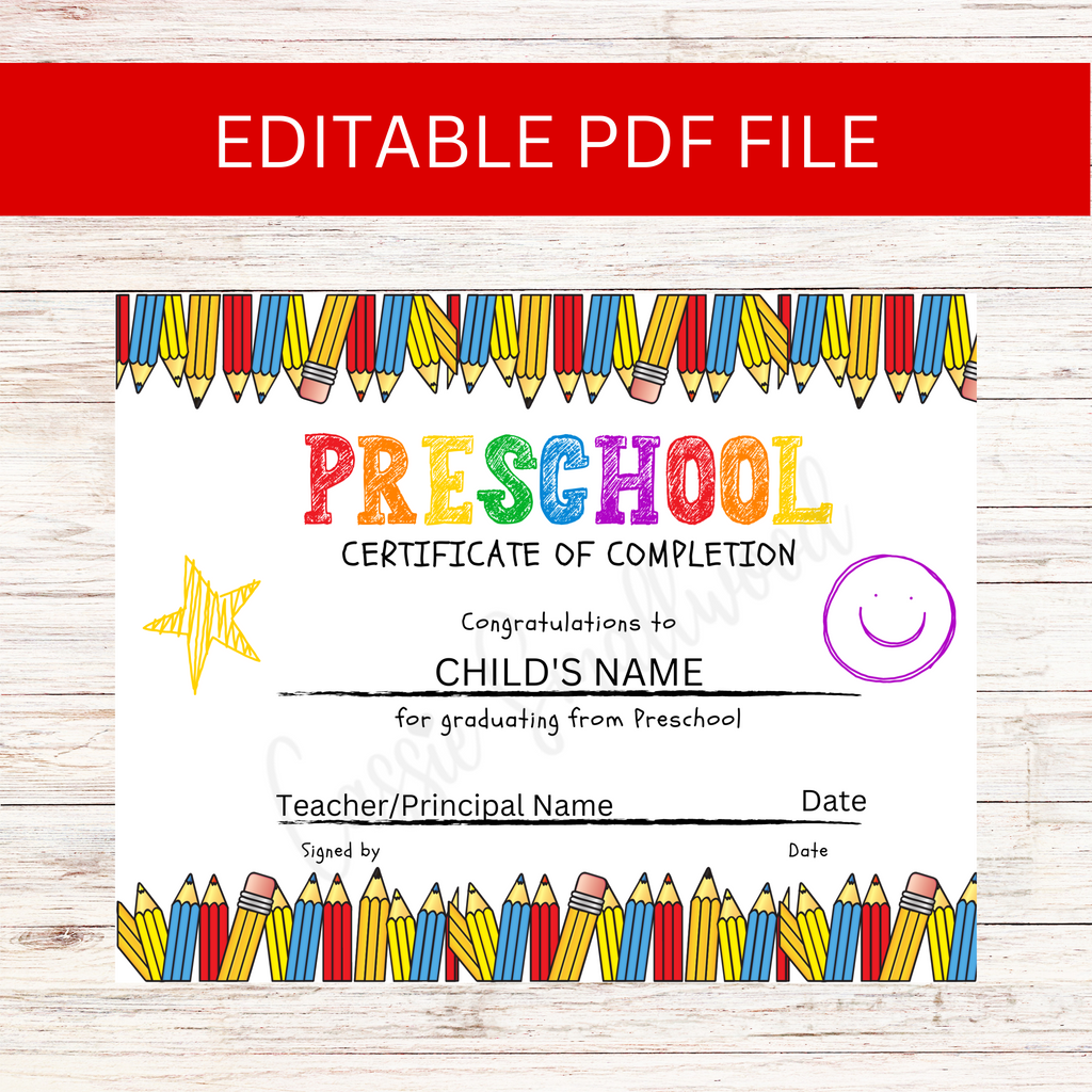 Editable Preschool Graduation Certificate – Cassie Smallwood